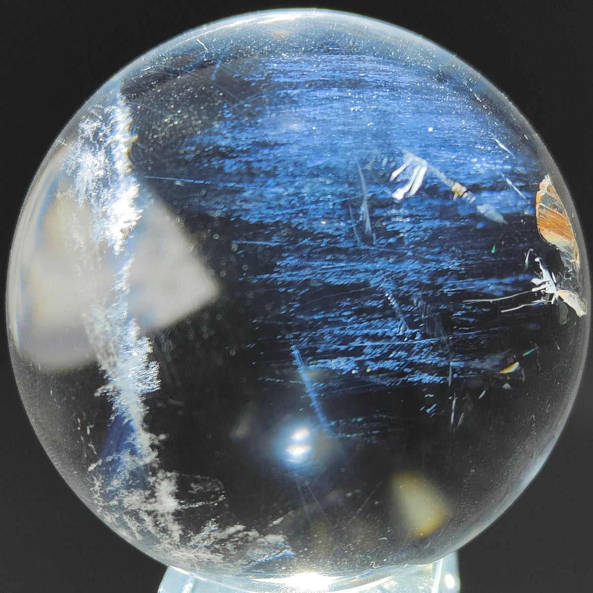 Clear Quartz Blue Feather Needle Sphere # 47 – Crystal Addictions